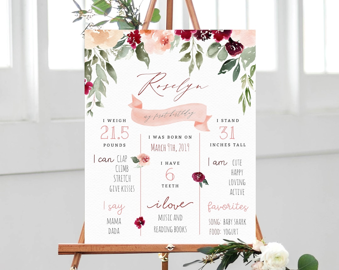 Burgundy and Blush 1st Birthday Poster Template, Printable Fall First ...