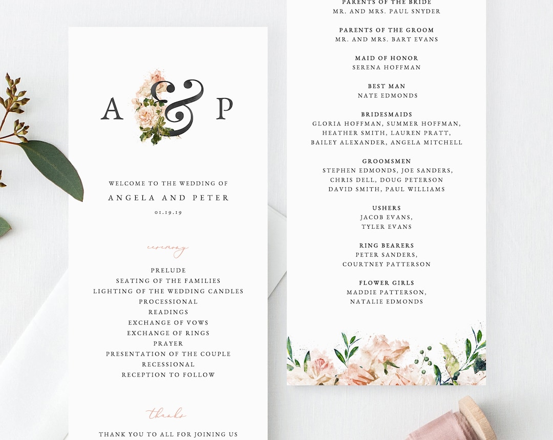 Floral Wedding Program Template, Printable Wedding Program, Blush ...