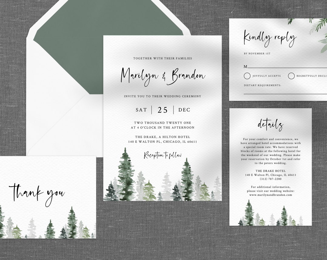 Pine Trees Wedding Invitation Template, Printable Winter Wedding ...