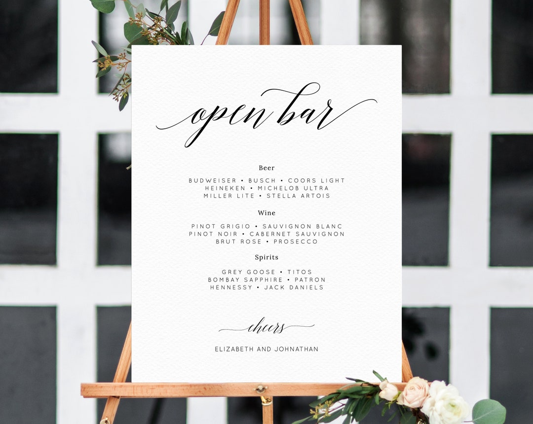 Wedding Open Bar Sign Template, Wedding Open Bar Printable, Drink Menu ...