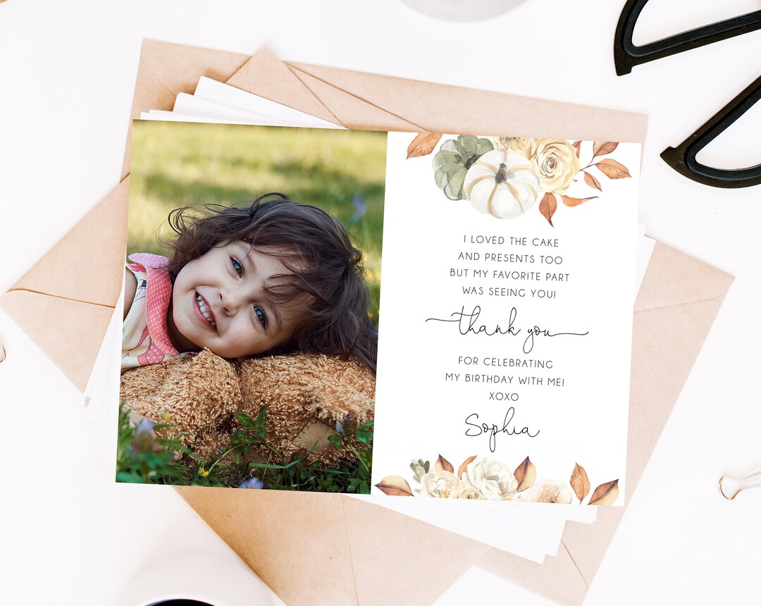 Pumpkin Birthday Thank You Card Template, Fall Birthday Card, Photo ...