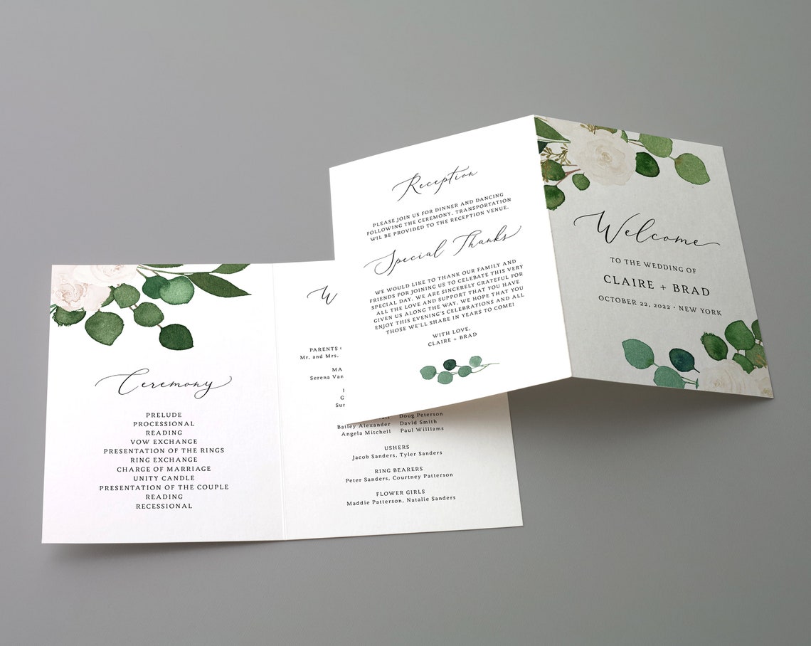 Bi-fold Greenery Wedding Program Template, Printable Folded Wedding ...