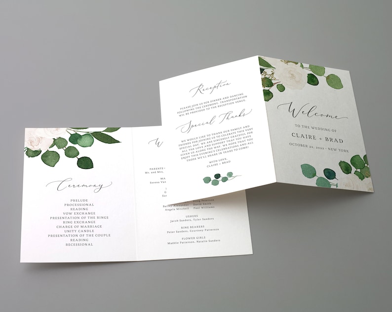 Bi-fold Greenery Wedding Program Template Printable Folded - Etsy