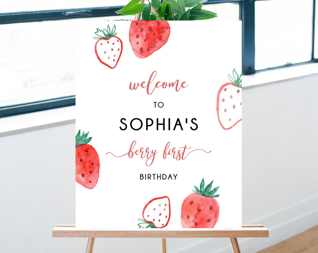Berry First Birthday Welcome Sign Template, Printable Strawberry Themed ...