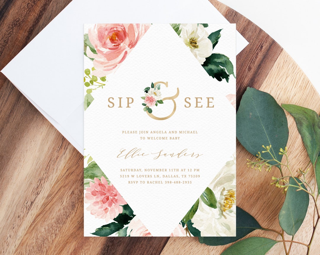 Editable Sip & See Invitation Template, Printable Floral Sip and See ...