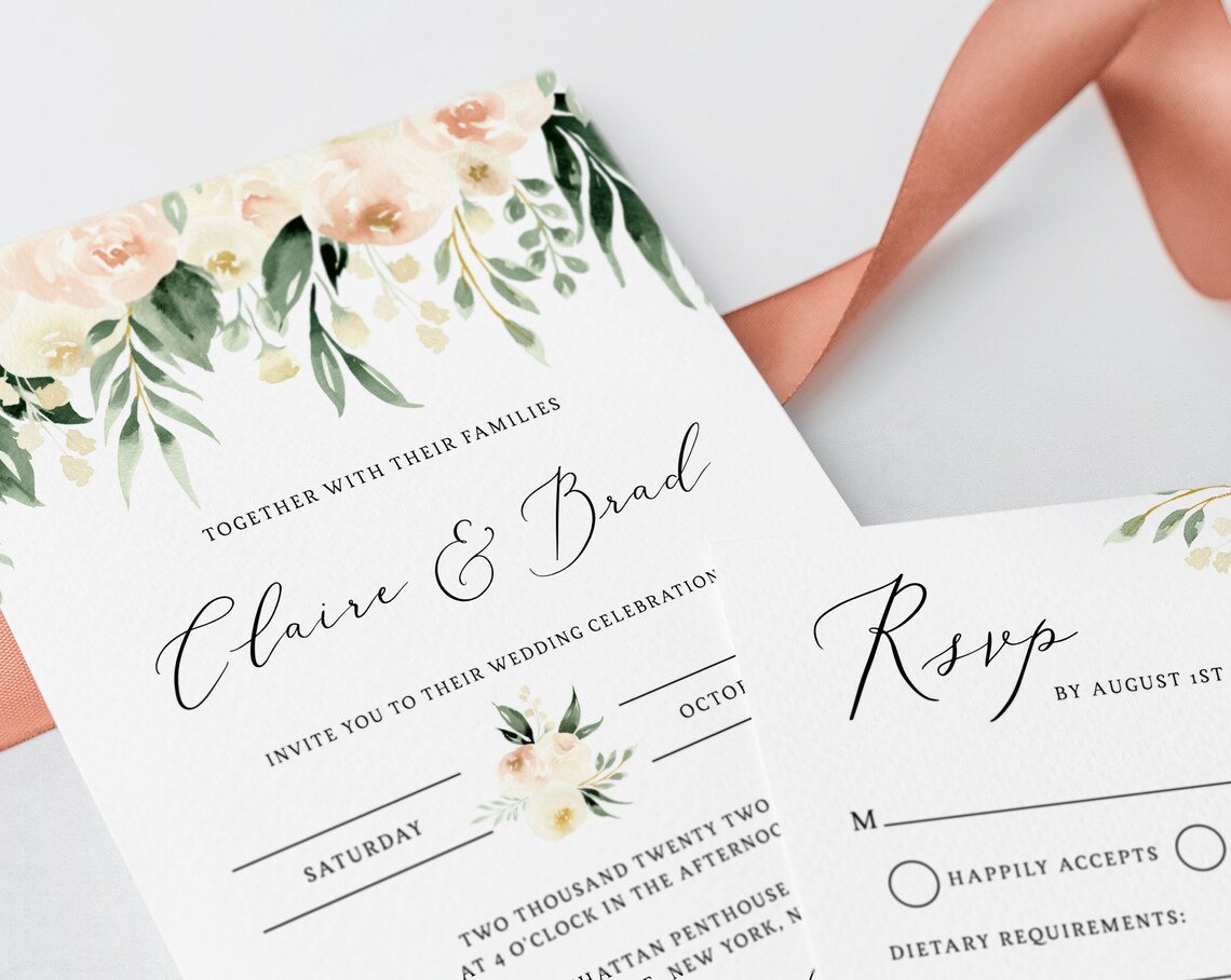 Blush & Ivory Floral Wedding Invitation Template, Printable Wedding ...