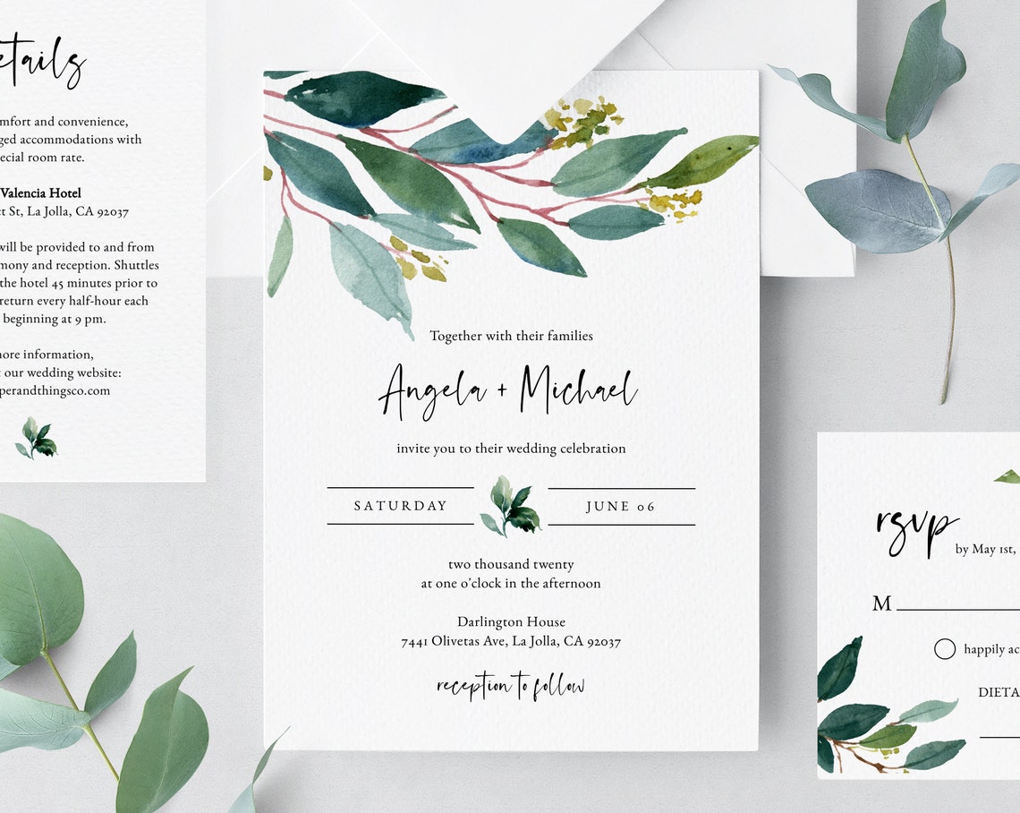 Greenery Wedding Invitation Template Printable Wedding - Etsy