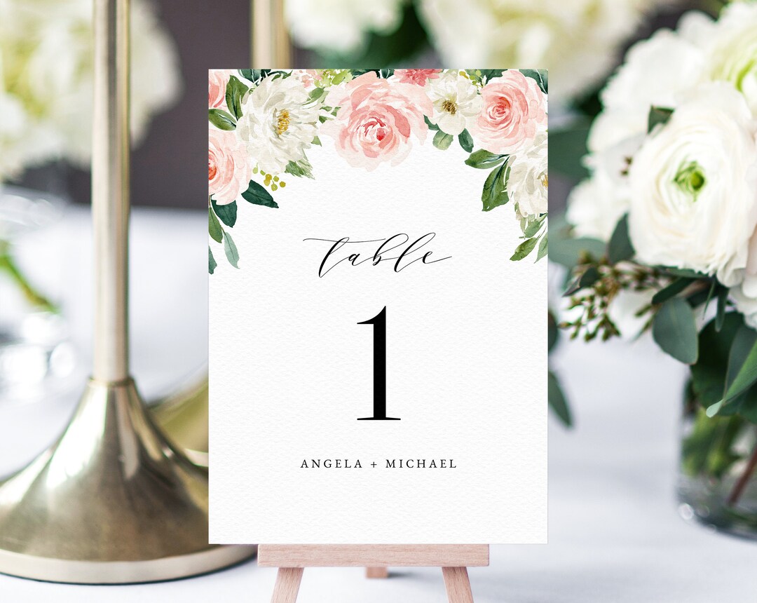 Blush Floral Wedding Table Number Template, Printable Blush Flower ...