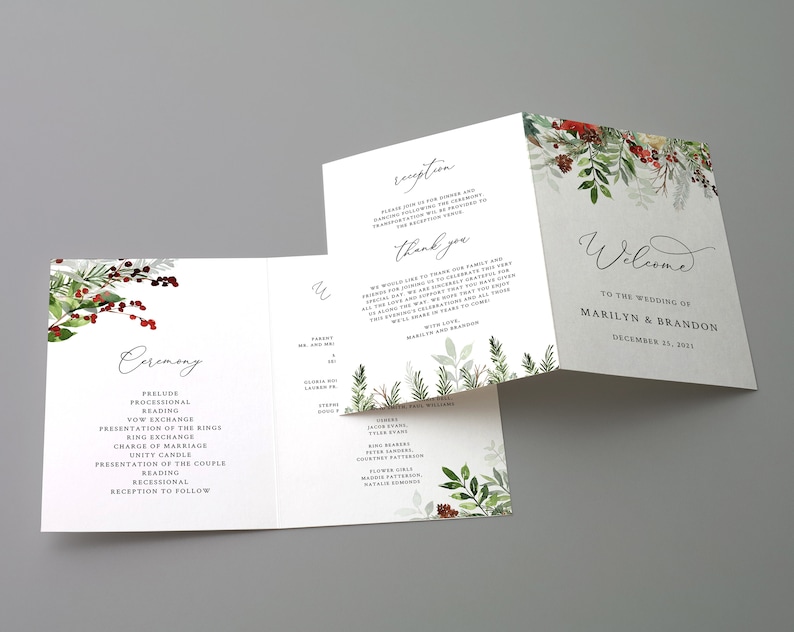 Bi-fold Christmas Wedding Program Template, Printable Folded Wedding ...