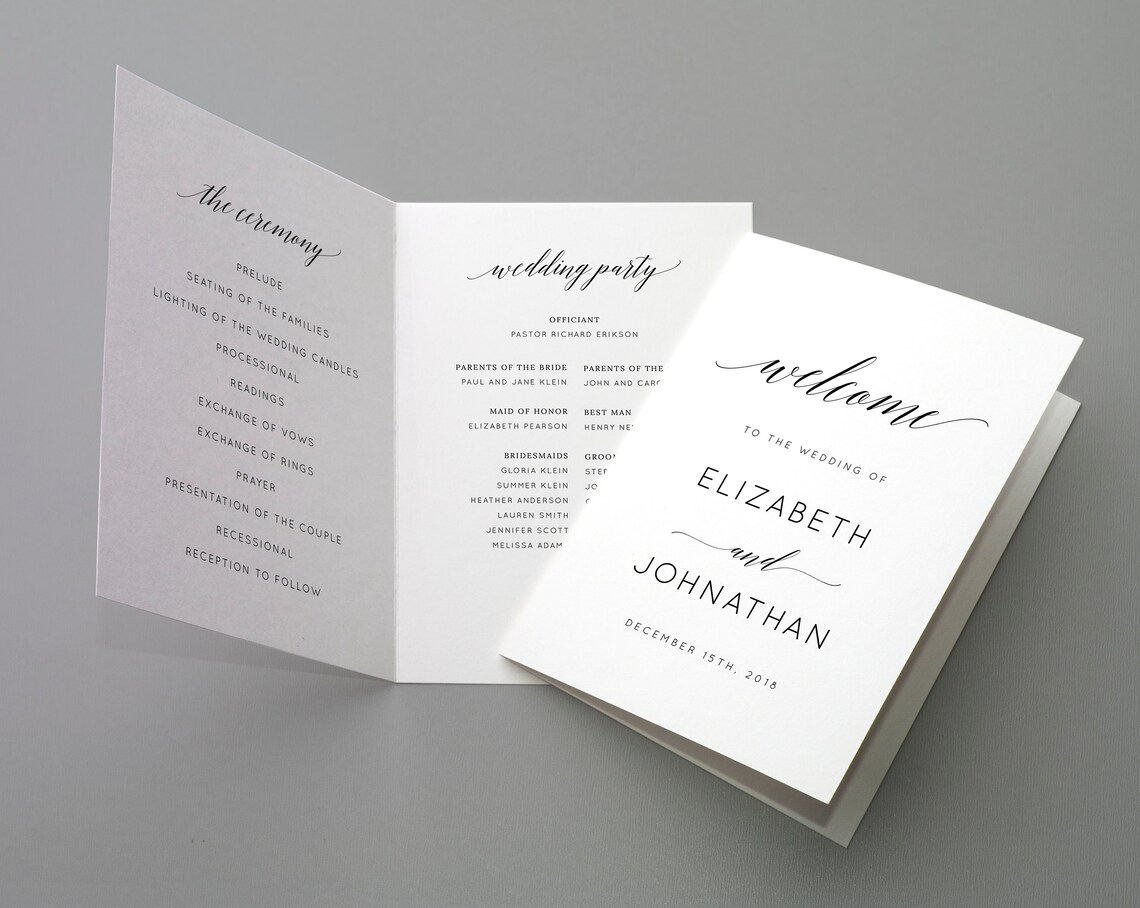 Bi-fold Wedding Program Template, Printable Folded Wedding Program Booklet, Editable Simple ...
