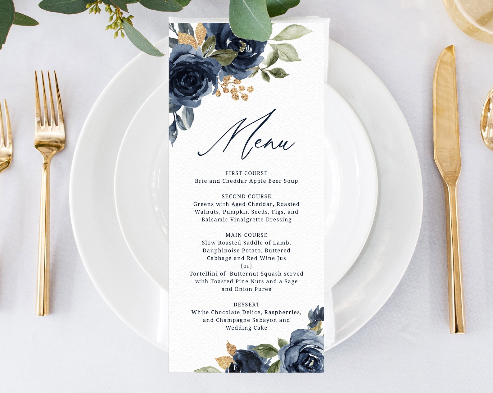 Navy & Gold Wedding Menu Template, Printable Floral Menu, Editable ...