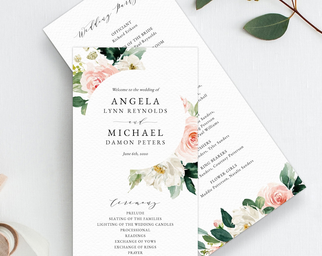 Floral Wedding Program Template, Printable Wedding Program, Blush ...