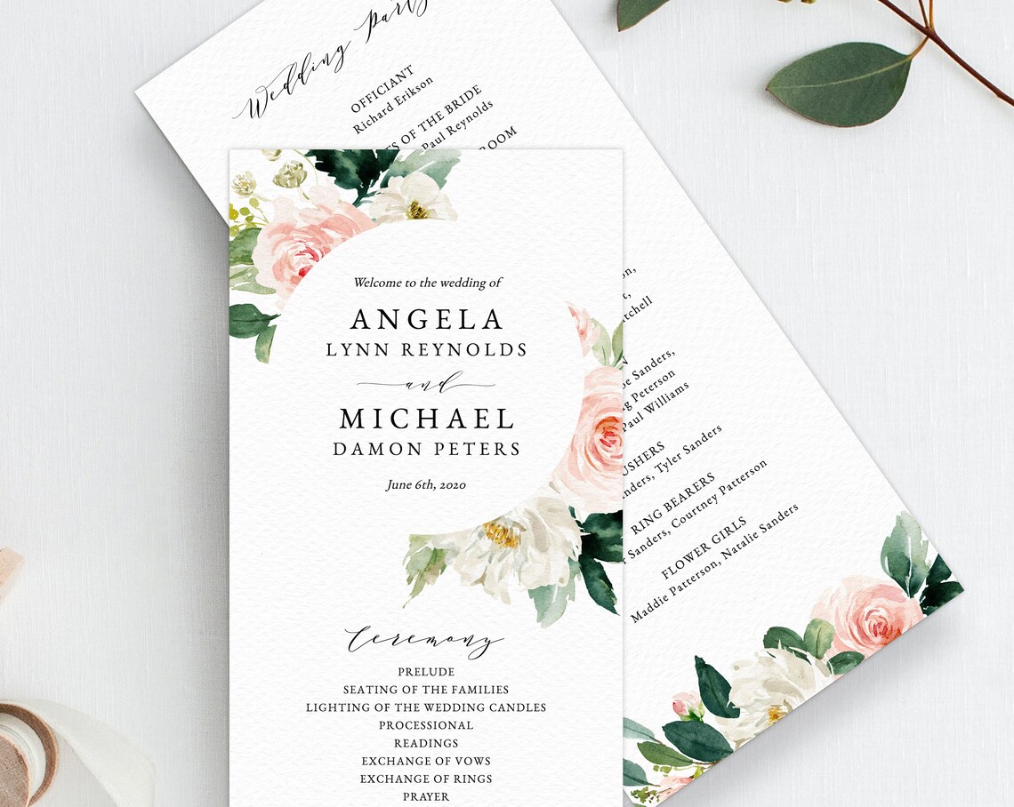 Floral Wedding Program Template, Printable Wedding Program, Blush ...