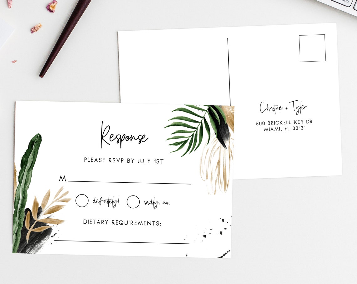 RSVP Postcard Template, Printable RSVP Insert, Tropical Wedding RSVP ...