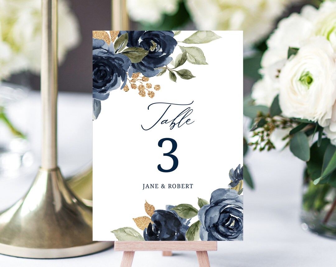 Navy & Gold Floral Wedding Table Number Template, Printable Navy ...