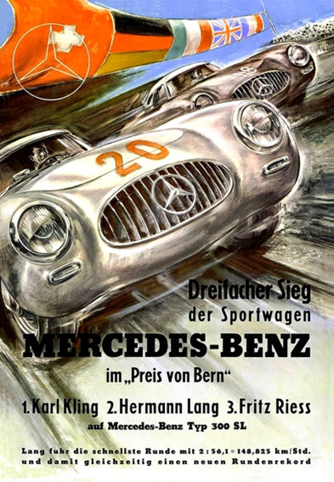 Vintage 1950's German Mercedes Benz 300SL Racing A3 Poster Reprint - Etsy