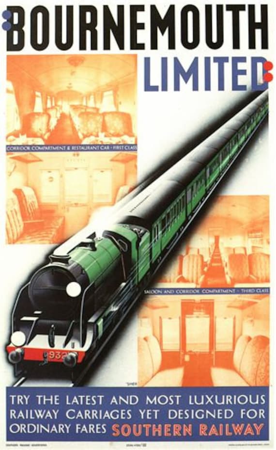 Vintage Southern Rail Bournemouth Express Railway Poster A3 | Etsy