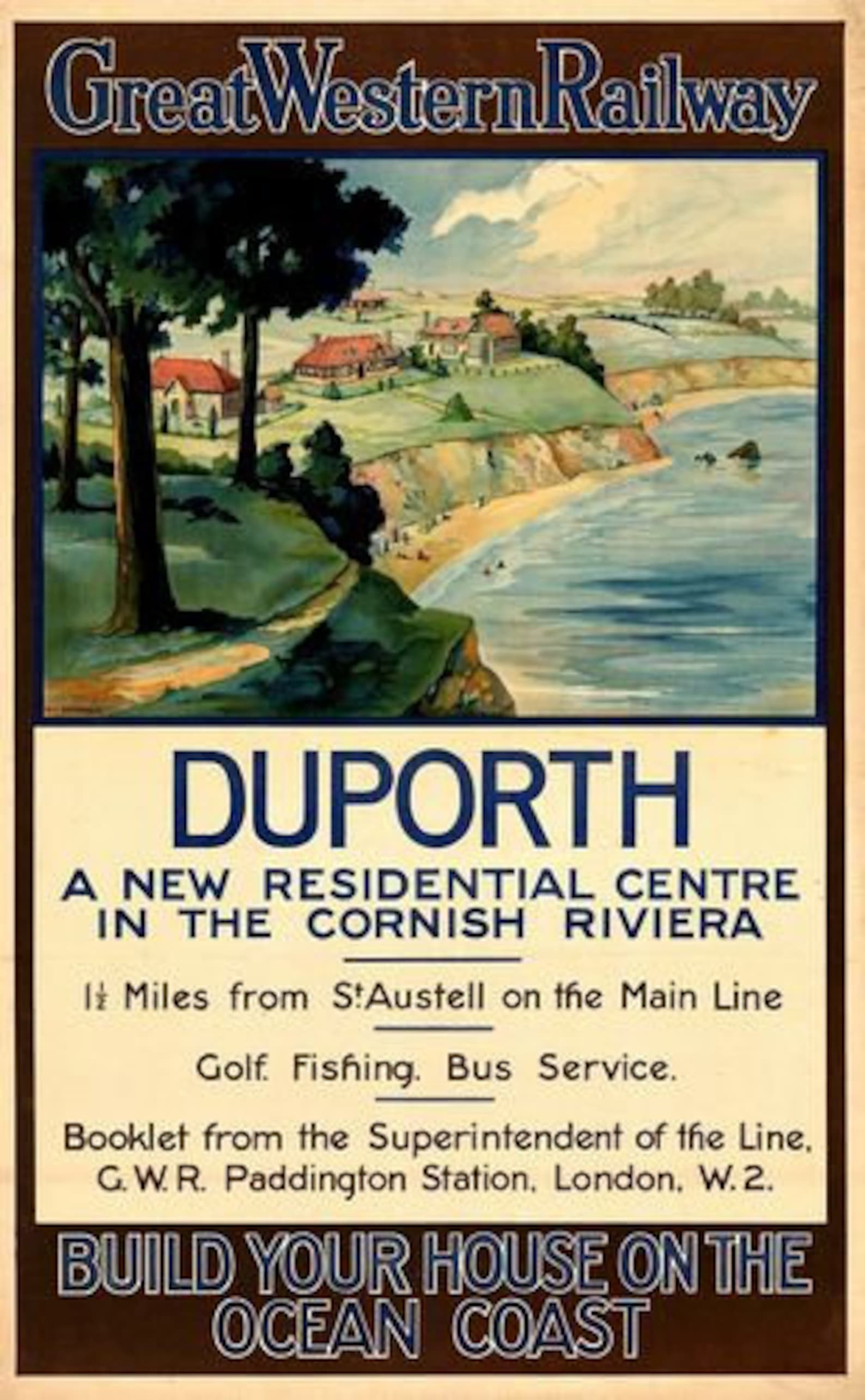 Vintage GWR Duporth Cornish Riviera Railway Poster A3 Print - Etsy