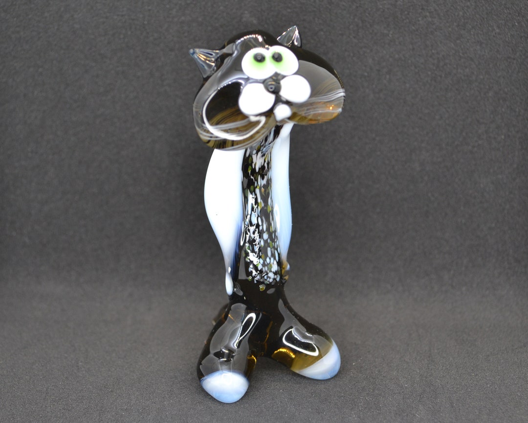 Grey Glass Cat Statue - Hand Blown Glass Cat Figurines - Blown Glass ...