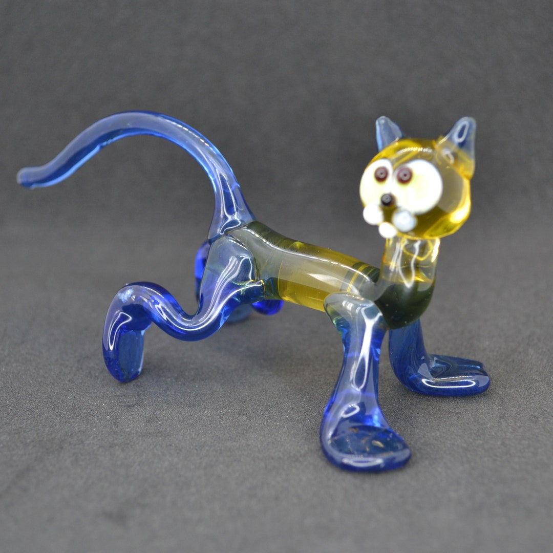 Glass Blue Cat Figurine - Blown Glass Cat Decoration - Murano Glass Cat ...
