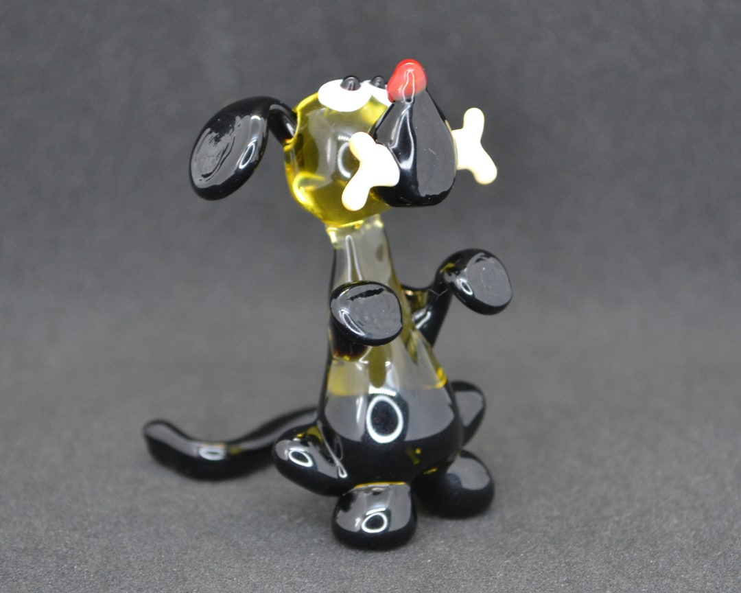 Glass Dog With Bone Figurine - Blown Glass Dog Sculpture - Decorative ...