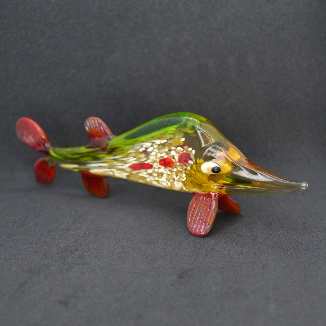 Glass Pike Figurine - Yellow Glass Fish Sculpture - Pike Decor for ...