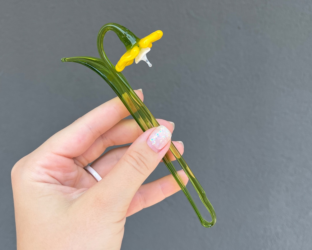 Yellow Glass Long Stem Flowers for Garden - Glass Daisy Flower Figurine ...