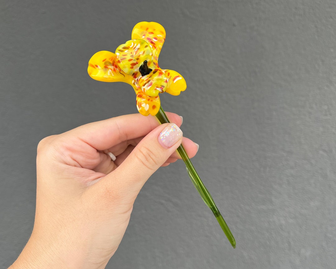 Glass Orchid Flower Figurine - Yellow Glass Flower for Garden - Blown ...