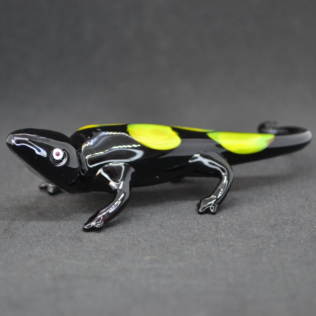 Glass Lizard Figurine - Blown Glass Lizard Sculpture - Black Glass ...