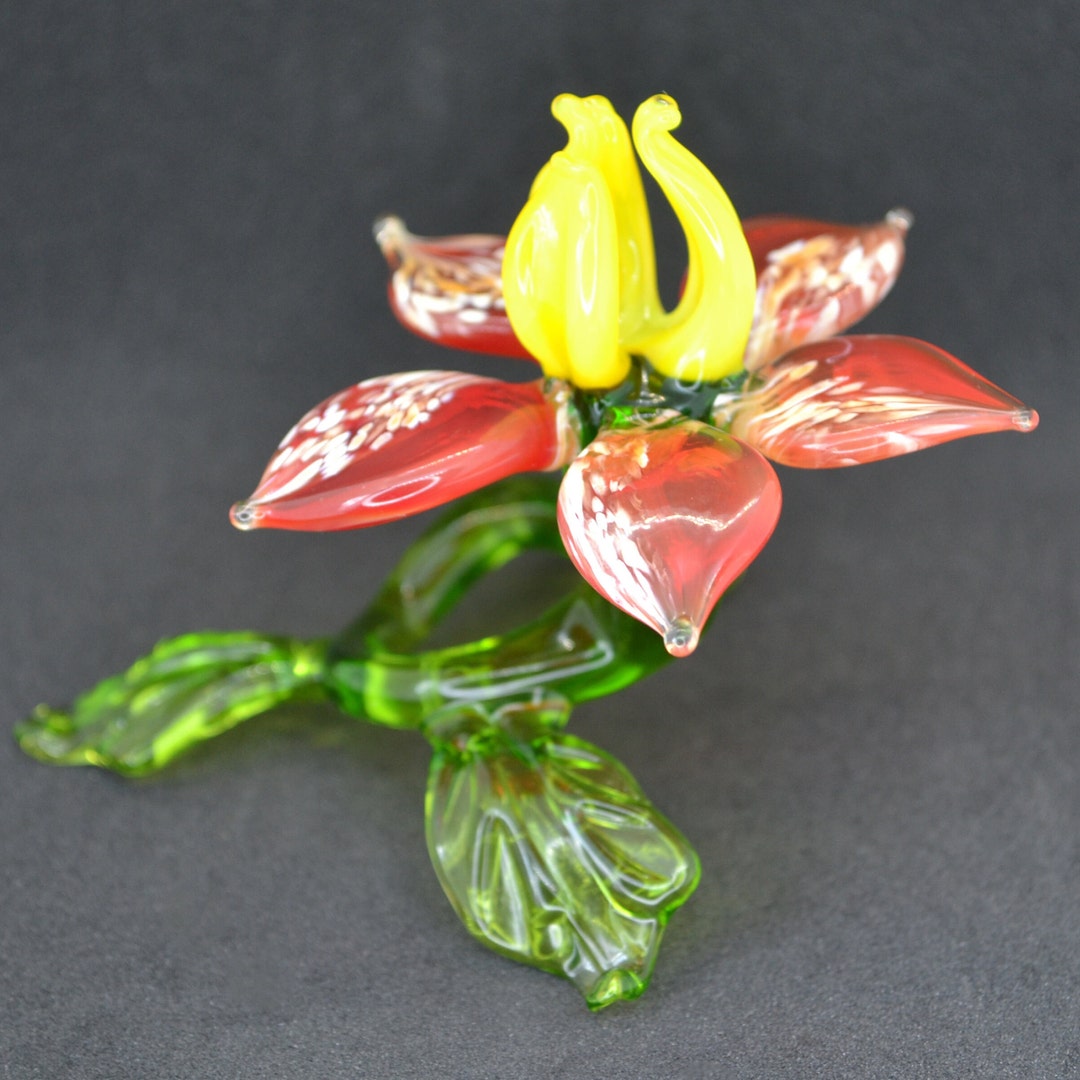 Red Glass Flower Figurine - Blown Glass Flower Sculpture - Flower Stand ...