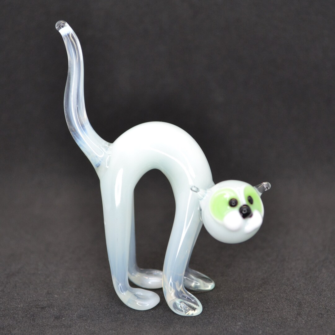 White Glass Cat Figurine - Art Glass Cat Statue - Blown Glass Cat ...
