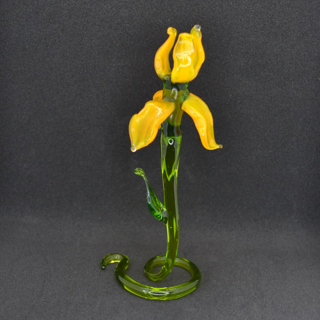 Glass Iris Sculpture Blown Glass Flower Ornament Glass Flower Desk Decor Orange Glass Iris