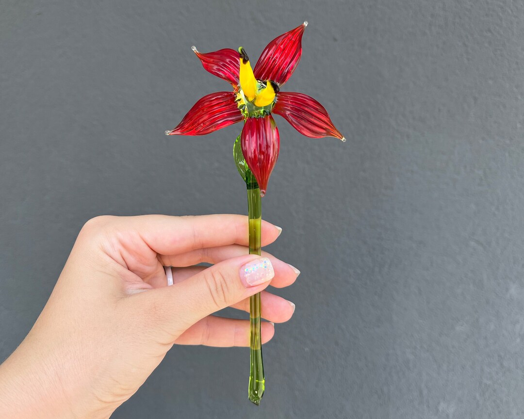 Red Glass Long Stem Flower - Flower Glass Statue for Vase Gift Idea ...