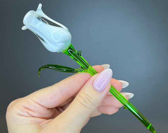 Glass Rose Sculpture - Rose Long Stem Ornament - Glass Flower for Vase ...