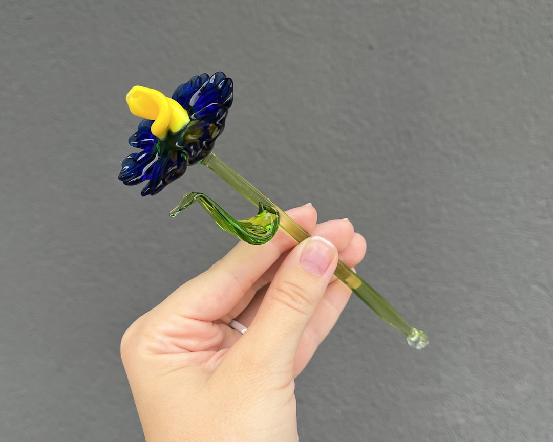 Long Stem Glass Flower Statue - Blue Glass Flower Figurine - Blown ...