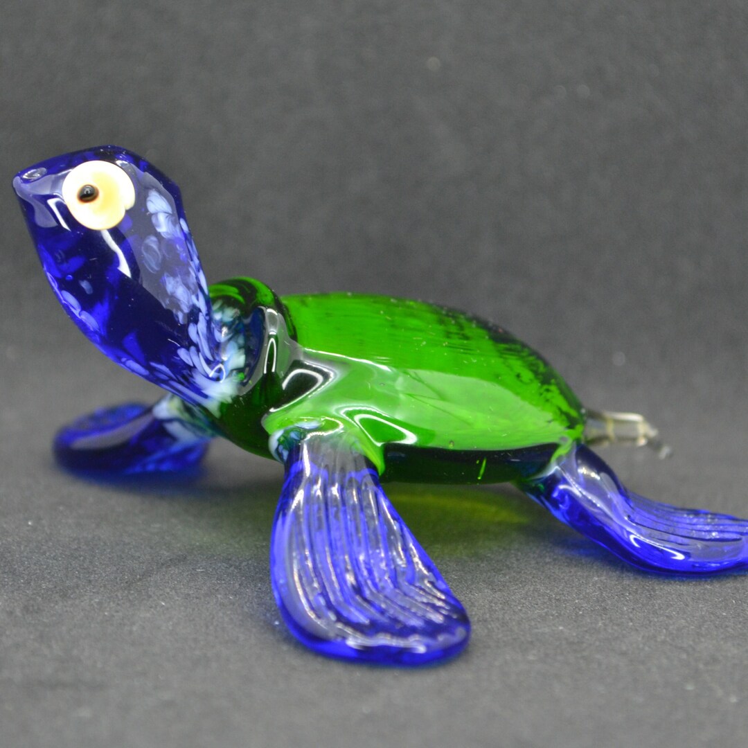 Blue Glass Sea Turtle Sculpture - Blown Glass Turtle Figurine - Art ...
