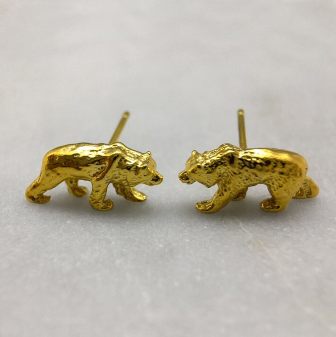 24k Gold Grizzly Bear Stud Earrings, Sterling Silver Bear Jewelry - Etsy