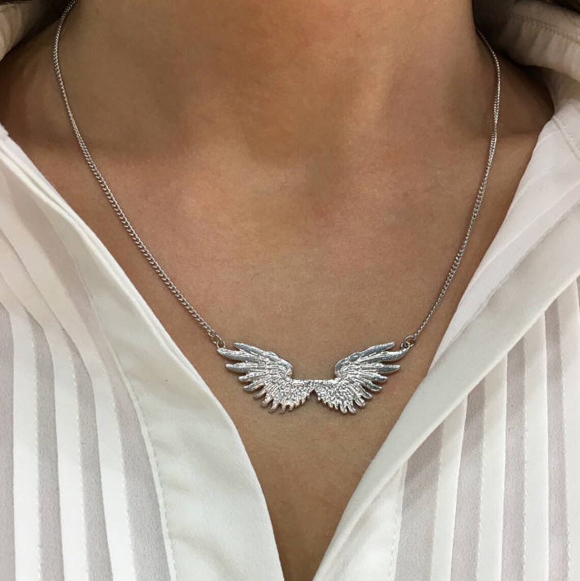 Sterling Silver Wings Necklace, Etched Angel Wing Pendant - Etsy