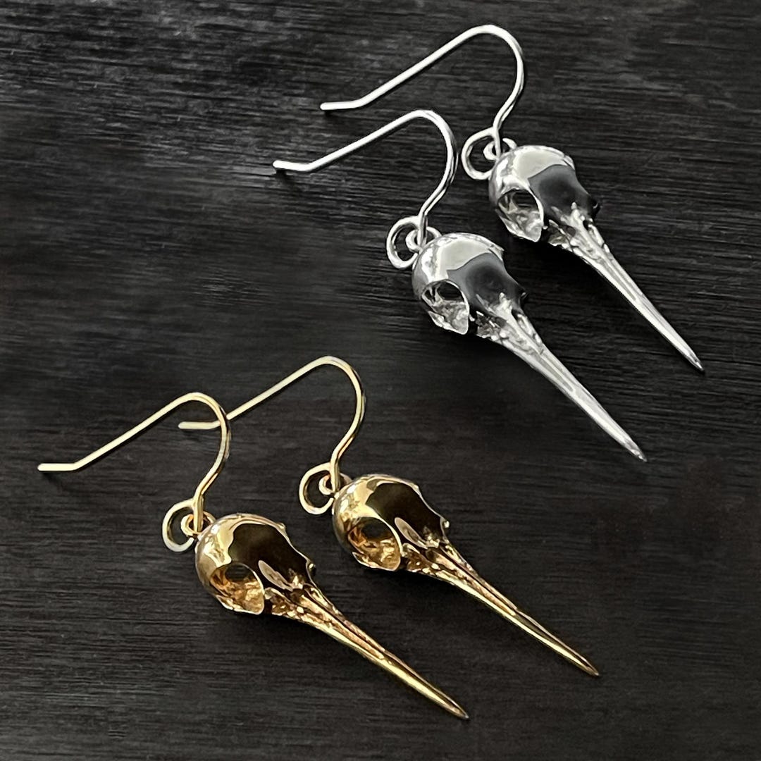 Hummingbird Skull Earrings, Memento Mori Gold, Gold Bird Skull Earrings ...