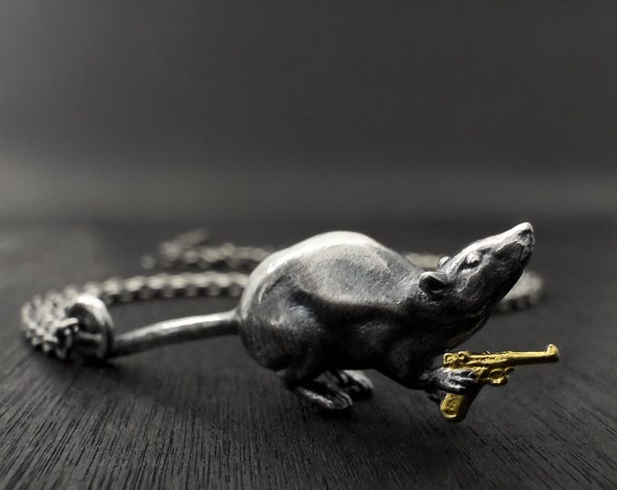 Rat Pendant, Silver Rat Necklace, Silver Rat Charm, Rat With the Golden ...