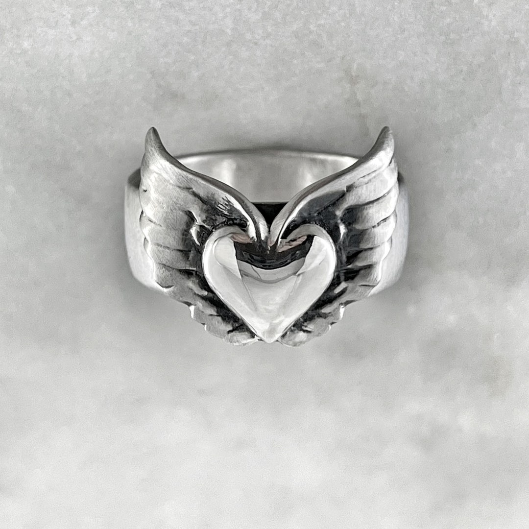 Handmade Sterling Silver Winged Heart Ring, Polished or Oxidized - Etsy