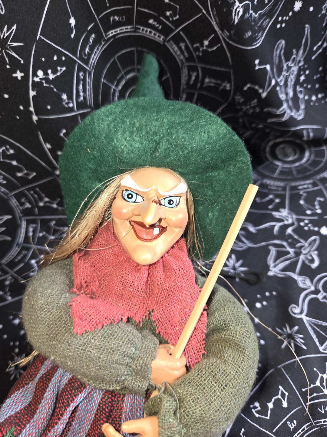 German Kitchen Witch--14" Tall, Olive Green Dress, Jagged Red/blue Over ...
