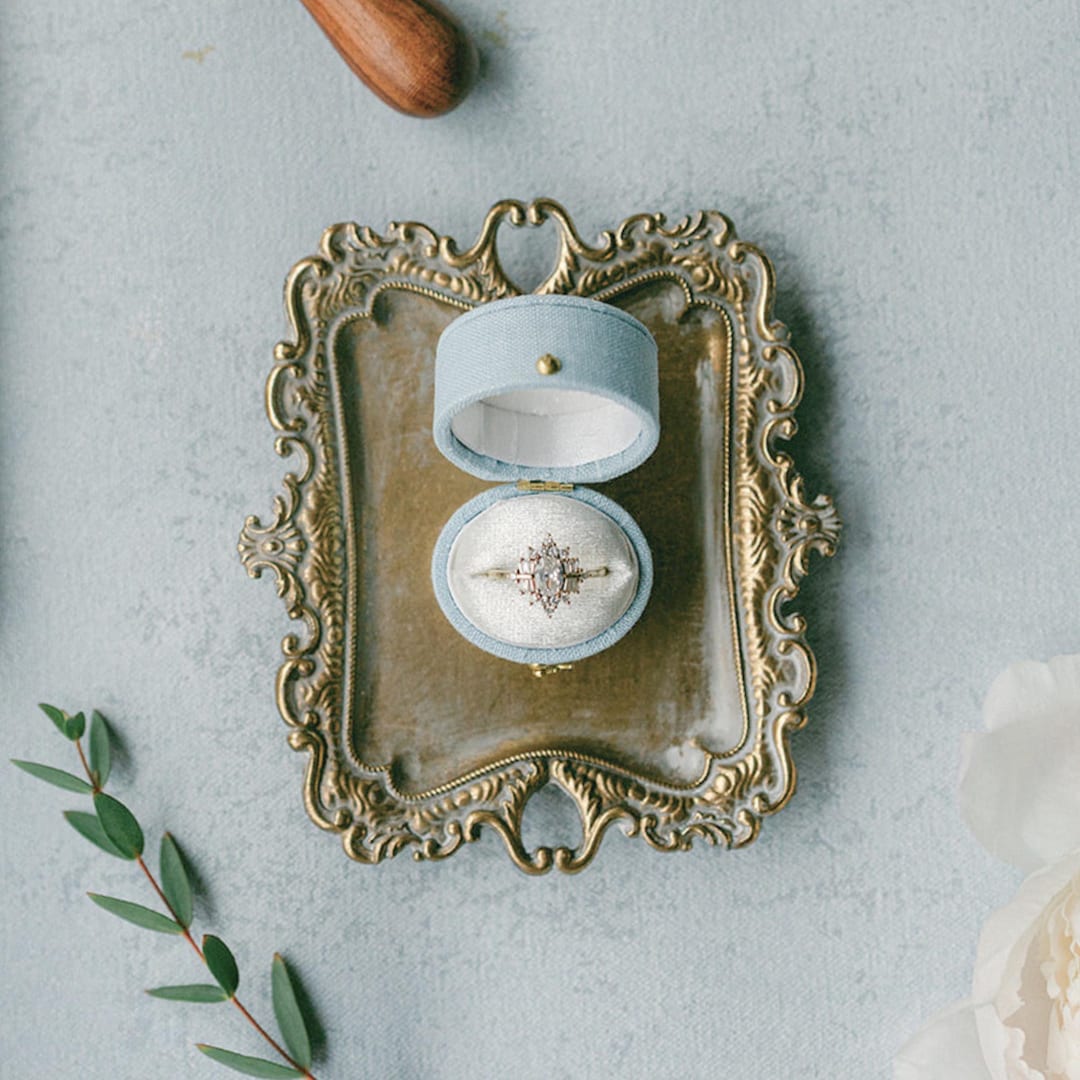 Oval Ring Box | Blue Wedding Engagement Ring Holder | Linen Heirloom ...