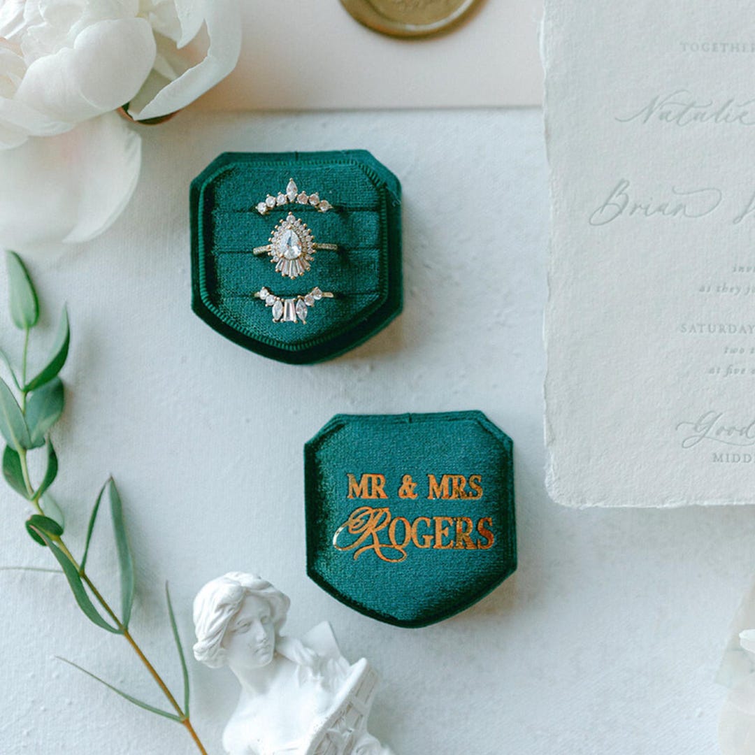 Personalized Triple Slot Velvet Ring Box | Custom Wedding & Engagement ...