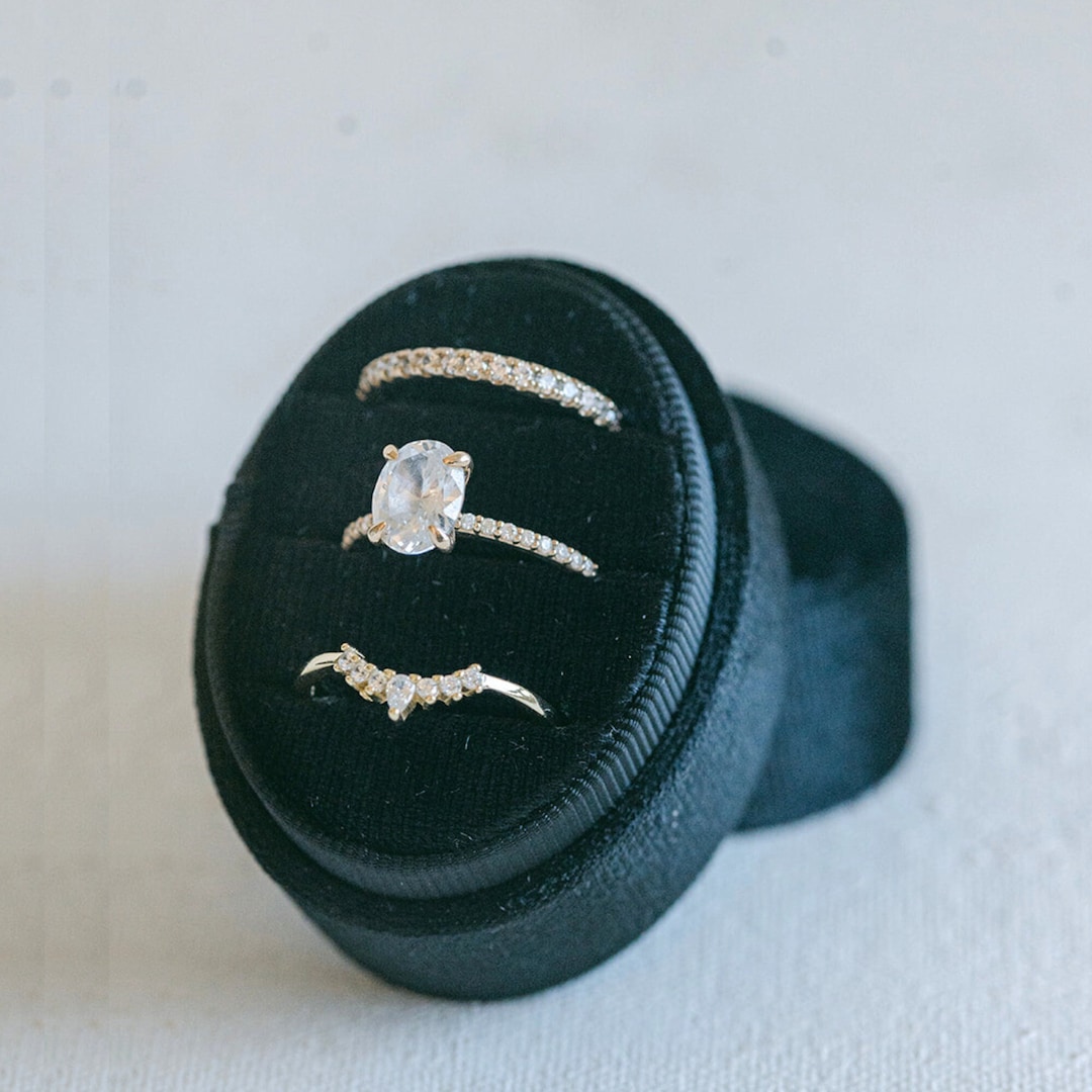 Triple Slot Oval Velvet Ring Box | 3 Slot Custom Wedding Ring Box ...