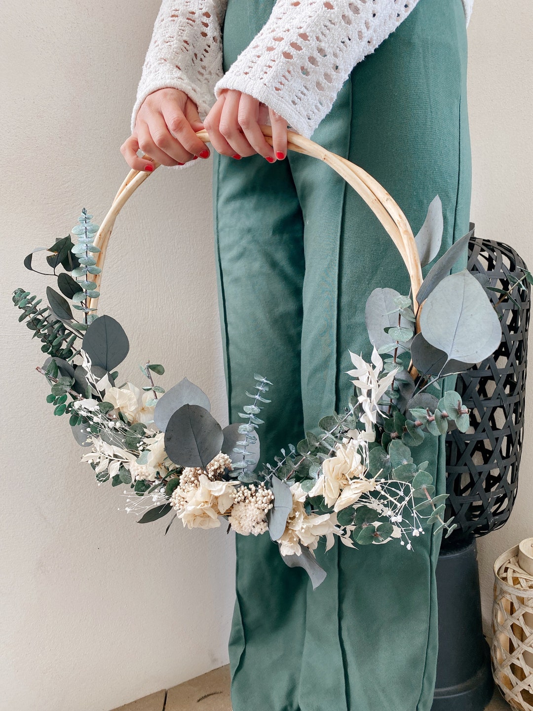 Cerceau en osier & fleurs stabilisées - Bouquet de mariée - Eucalyptus ...