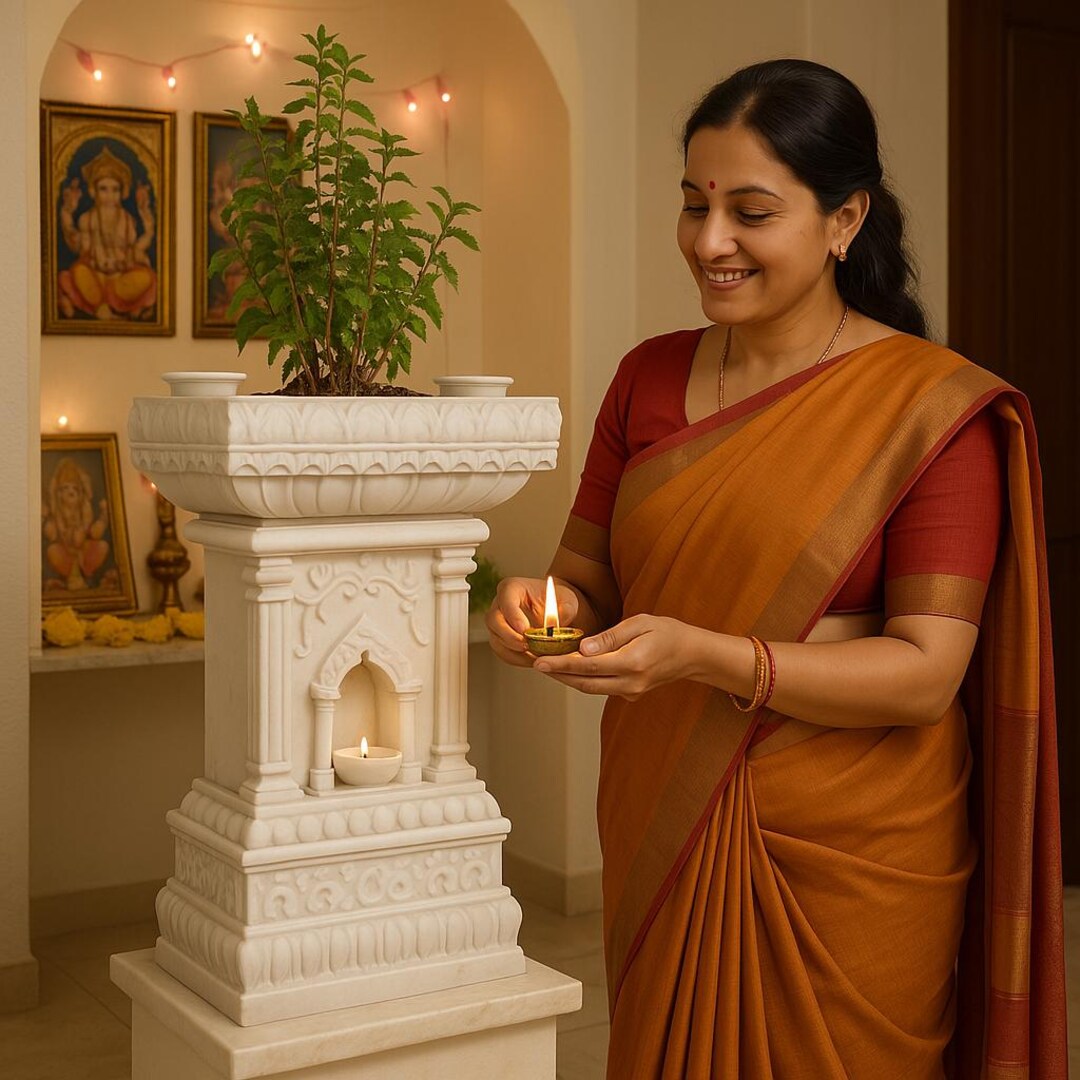 Handcrafted White Marble Tulsi Planter – Indoor/outdoor Sacred Basil ...