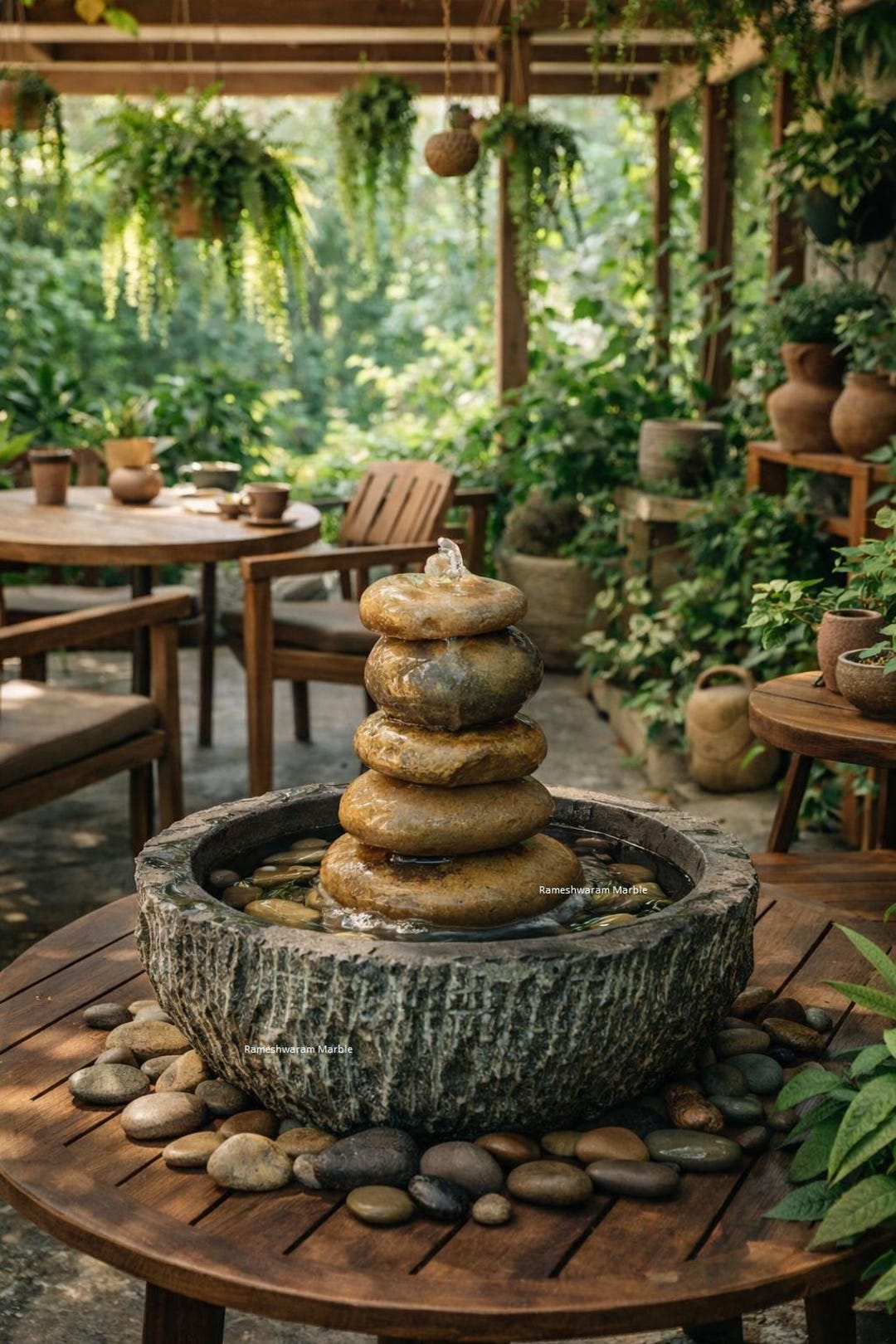 Natural Marble Stone Water Fountain, Stacked Pebble Zen Cairn Feature ...