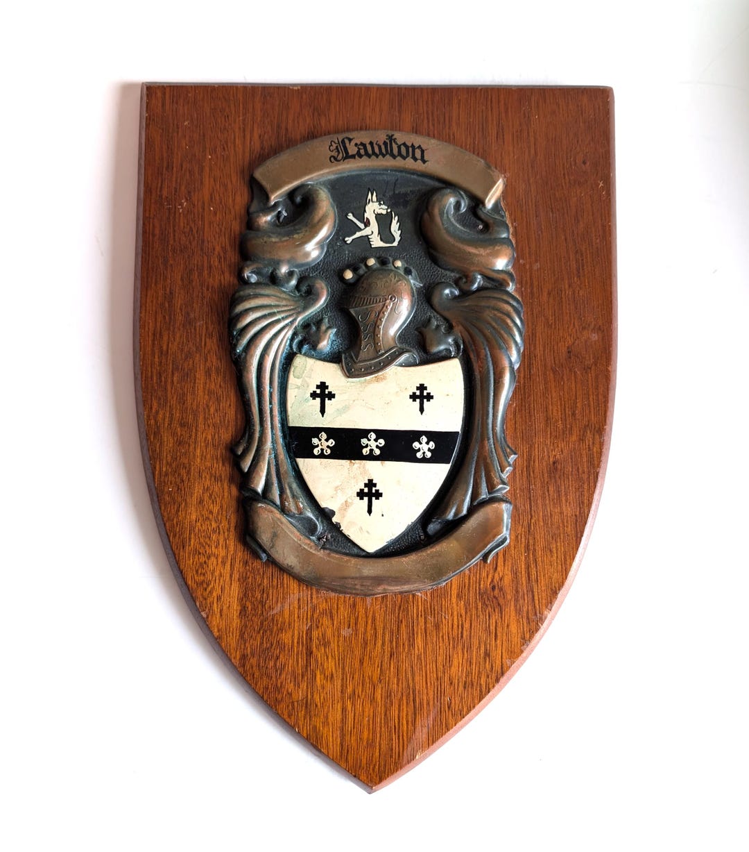 Vintage Lawton Family Crest Coat of Arms Copper & Enamel Wooden Wall ...