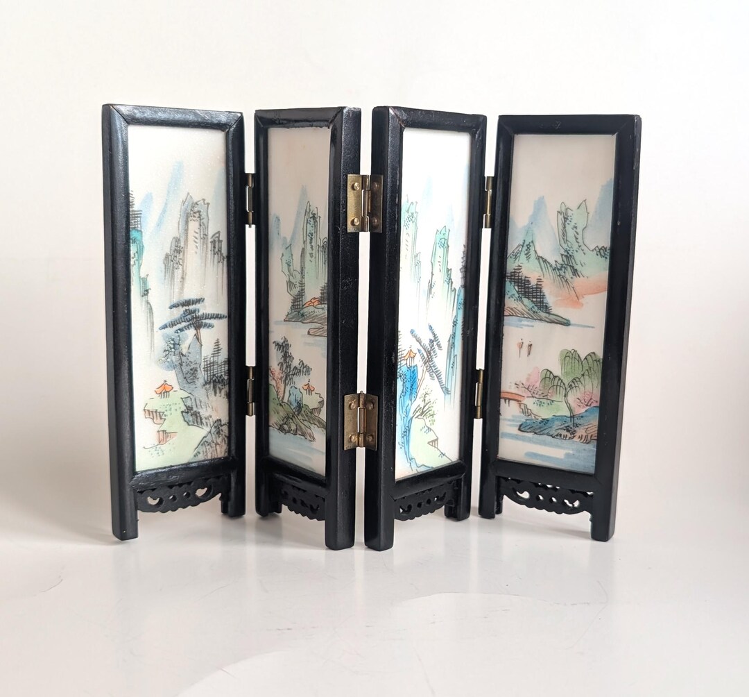 Vintage Chinese 4 Panel Artist Hand Painted Marble Plaques Lacquer ...